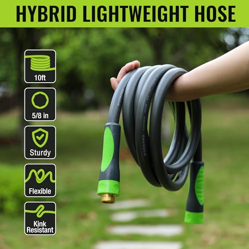 WORKPRO 5/8 IN x 10 FT Garden Hose, Heavy Duty, Flexible, Lightweight Water Hose with Bi-Material 360° Rotation Handle, 3/4" GHT Solid Brass Fittings, for Outdoor, Lawn, Garden & Yard, Car Wash