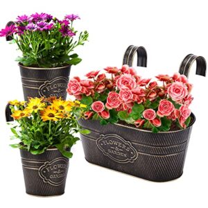 pergar vintage metal iron wall hanging flower pots, rustic planter bucket herb flower plant holder with detachable hooks & drainage hole for railing fence balcony deck garden home decoration, set of 3