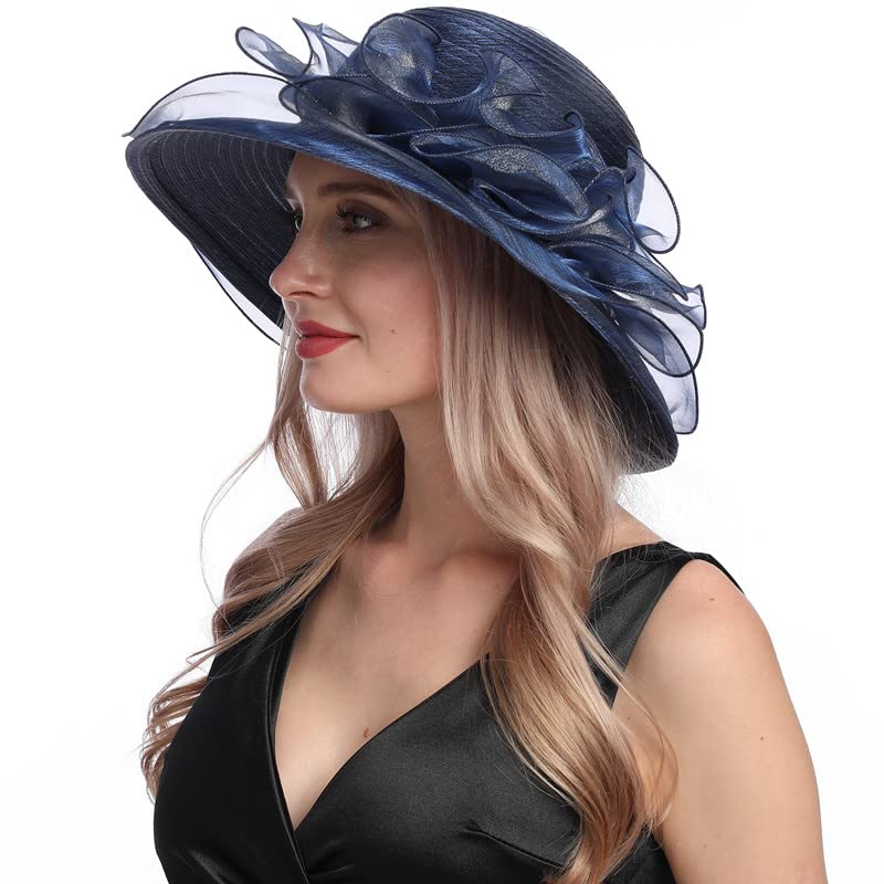 Wide-Brim-Kentucky-Hat Sun-Hat for Womens Foldable UV-Protection Summer-Derby-Tea-Party-Fascinator-Hats(M/L) Navy