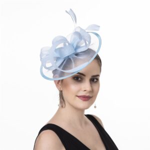 SAFERIN Fascinator for Women Hair Clip Hat Bowler Feather Flower Veil Wedding Party Hat Tea Hat(SZ1-Light Blue)