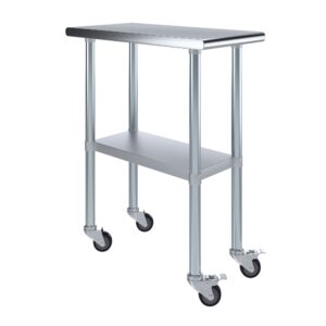 amgood 30" x 15" stainless steel work table with casters | heavy duty metal utility table on wheels | kitchen island cart