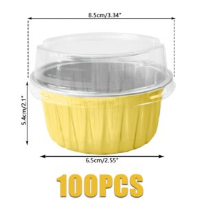 100Pcs Aluminum Cups with Lids,5oz Disposable Ramekin Baking Cups Muffin Liners Mini Pie Pans Foil Cupcake Containers for Christmas Party Wedding Party,Gold