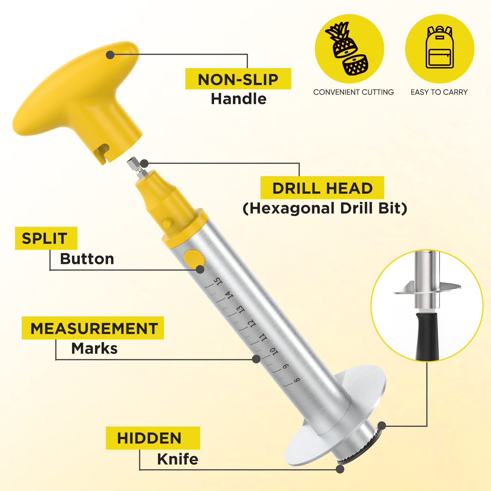 YYP Pineapple Cutter with Knife, [Upgraded, Electric & Manual] Durable Pineapple Corer with Electric Drill Accessory, Stainless Steel Fruit Peeler Knife Pineapple Slicer Core Remover Kitchen Tool