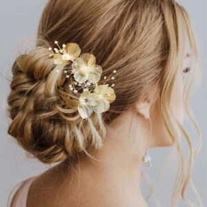 Catery Flower Bride Wedding Hair Vine Gold Floral Headband Pearl Bridal Headpiece Head Piece Hair Band Hair Accessories for Women and Girls