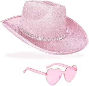 dajooee cowgirl hat with heart sunglasses glitter cowboy hat for women cosplay bachelor party costume hats (pink)