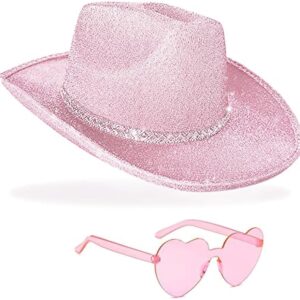 DAJOOEE Cowgirl Hat with Heart Sunglasses Glitter Cowboy Hat for Women Cosplay Bachelor Party Costume Hats (Pink)