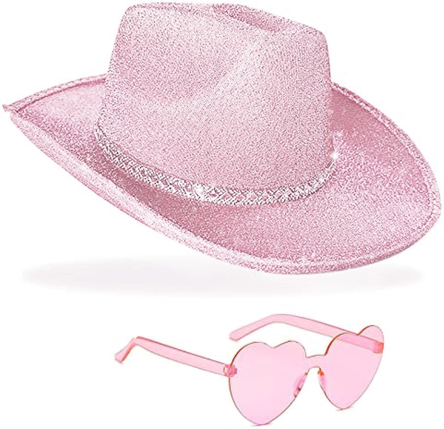 DAJOOEE Cowgirl Hat with Heart Sunglasses Glitter Cowboy Hat for Women Cosplay Bachelor Party Costume Hats (Pink)