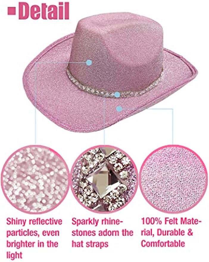 DAJOOEE Cowgirl Hat with Heart Sunglasses Glitter Cowboy Hat for Women Cosplay Bachelor Party Costume Hats (Pink)