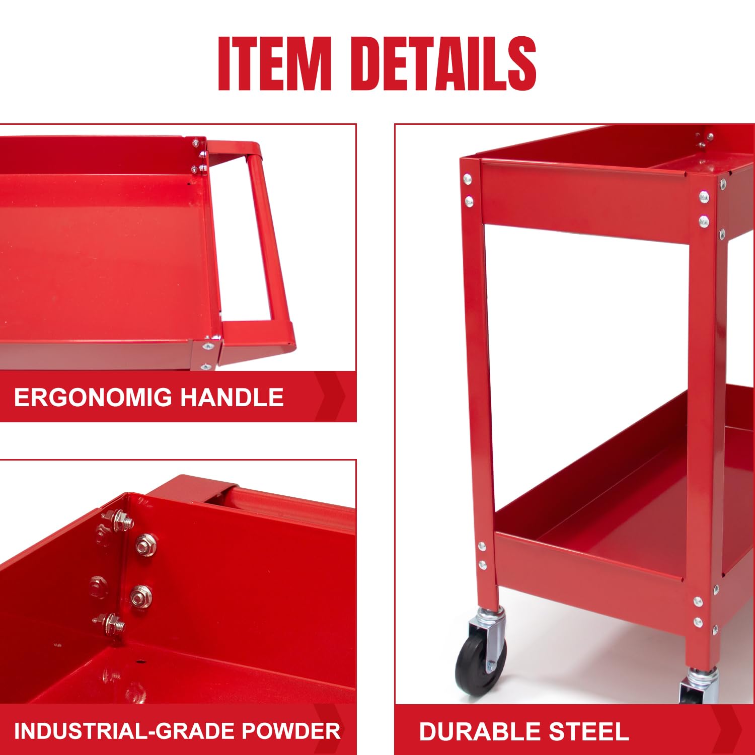 HPDMC 2-Tier Utility Cart 300lbs Capacity Heavy Duty Steel Service Cart with Wheels, Rolling Tool Cart on Wheels, Garage Tool Push Cart for Mechanic, Garage, Workshop, Warehouse, Office