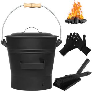 fireplace ash bucket with lid shovel, hand broom and gloves, 2.6 gallon charcoal wood fire pits burning stoves, coal/large pellet metal buckets/hot wood carrier pail fire pits ash can cleaning tools