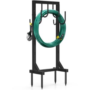 winpull garden hose holder water hose holder with 4 spikes, freestanding hose hanger outdoor hold stand heavy duty 6 hooks metal garden hose storage hose reel rack for outside (black)