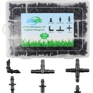 295 pcs drip irrigation fittings kit for 1/4" tubing - 110 straight barbs,35 single barbs,75 tees,20 elbows,30 end plug,25 4-way coupling - barbed connectors fittings for sprinkler systems