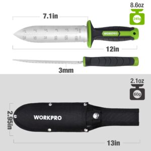 WORKPRO Hori Hori Garden Knife, 7" Stainless Steel Blade with Cutting Edge, Garden Tools with Oxford Sheath, Ergonomic TRP Handle with Hanging Hole for Weeding, Planting, Digging, Green