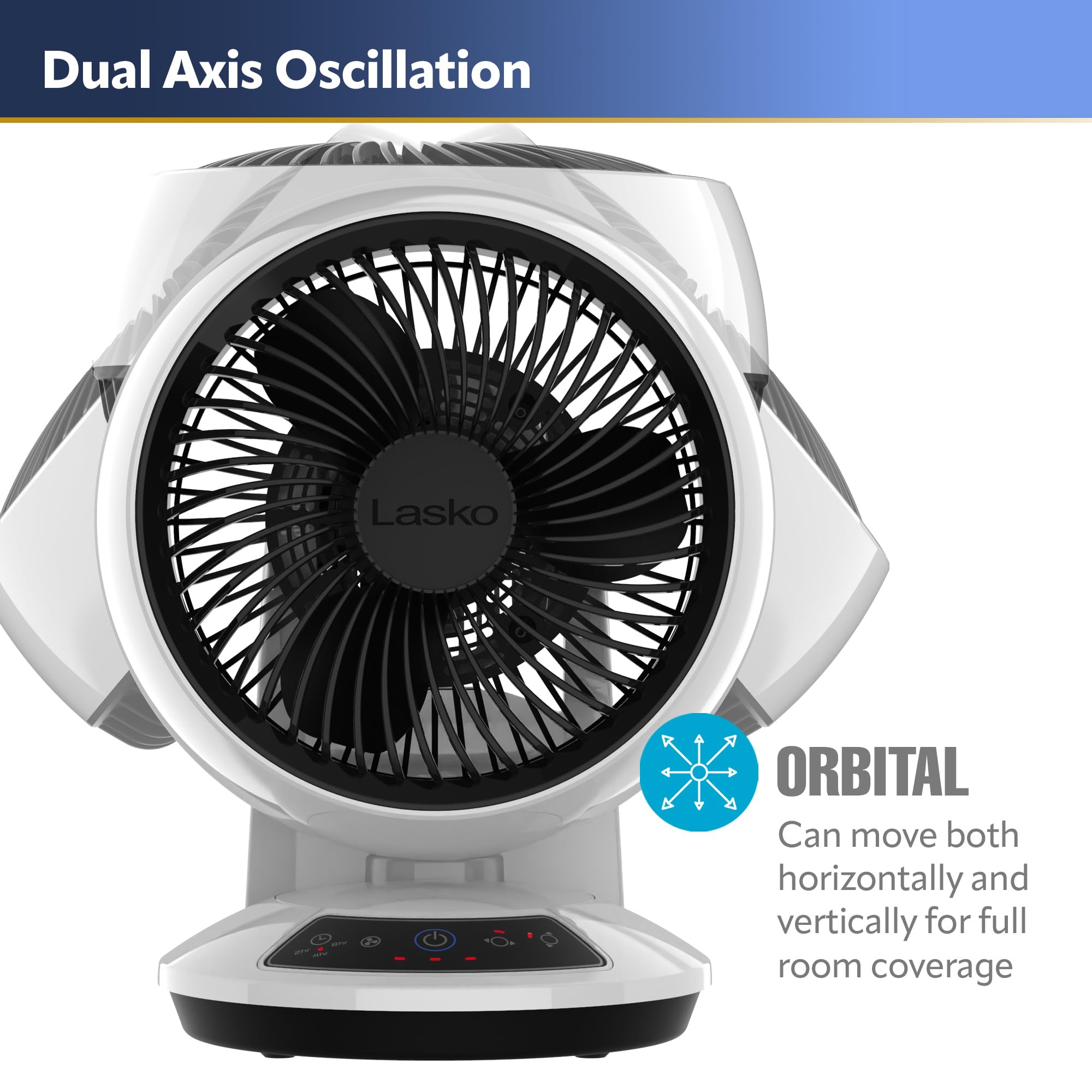 Lasko Whirlwind Orbital Motion Air Circulator Table Fan, 3 Speeds, Timer, Dark Mode, Remote Control for Small and Medium Sized Rooms, White, A12557