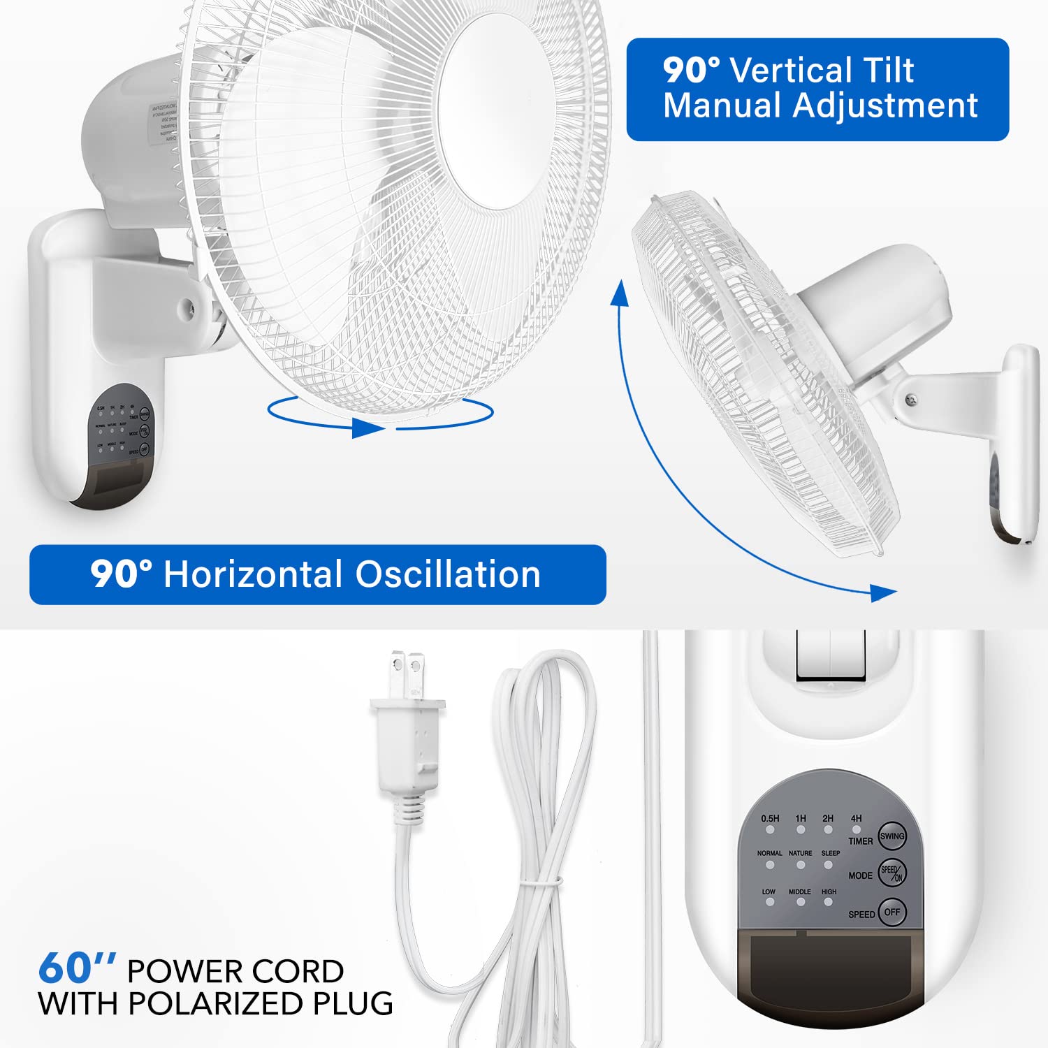 HealSmart 16 Inch Wall Mount Fan with Remote Control, 3 Oscillating Modes, 3 Speed, Timer, 2 Pack