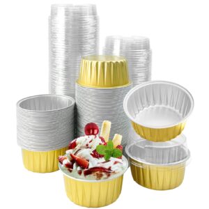 100pcs aluminum cups with lids,5oz disposable ramekin baking cups muffin liners mini pie pans foil cupcake containers for christmas party wedding party,gold