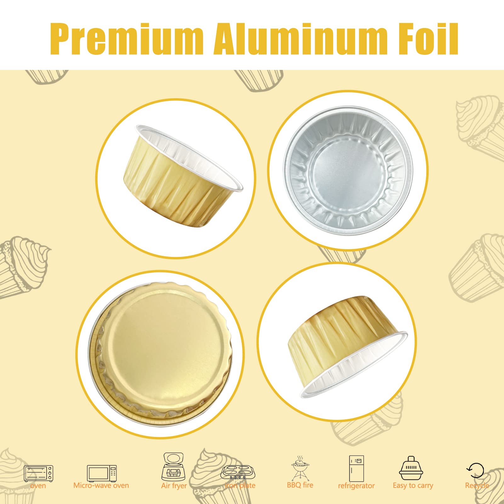 100Pcs Aluminum Cups with Lids,5oz Disposable Ramekin Baking Cups Muffin Liners Mini Pie Pans Foil Cupcake Containers for Christmas Party Wedding Party,Gold