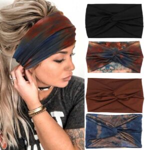 gortin headbands for women wide boho headband leopard head wraps twist turban hair bands stretch head band hair accessories pack of 4 (b-fashion tie-dye)