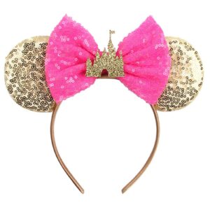 qhswdlp mouse ears headbands shiny bows minnie ear hair band princess decoration cosplay costume accessory for women girls castle rosy