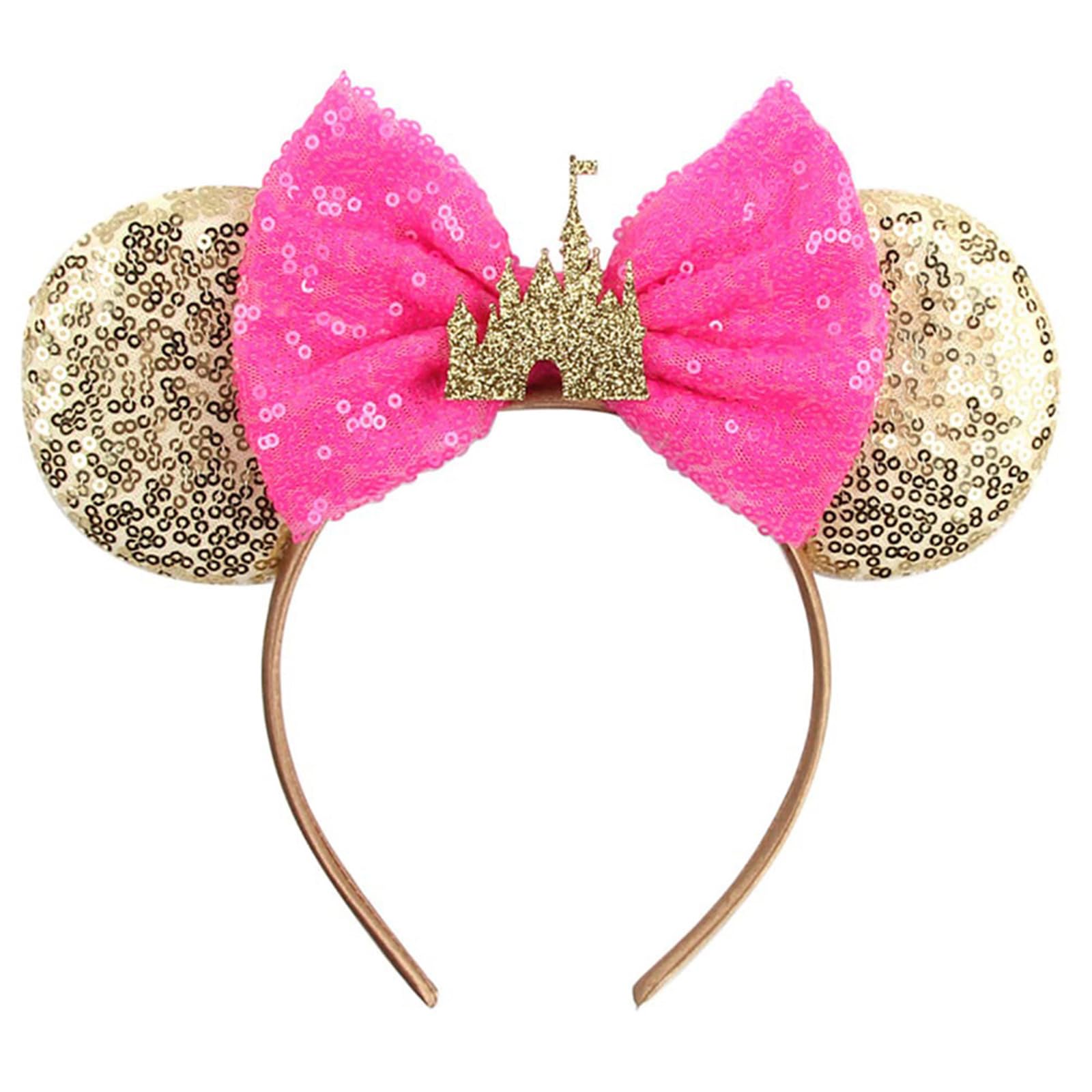 QHSWDLP Mouse Ears Headbands Shiny Bows Minnie Ear Hair Band Princess Decoration Cosplay Costume Accessory for Women Girls Castle Rosy