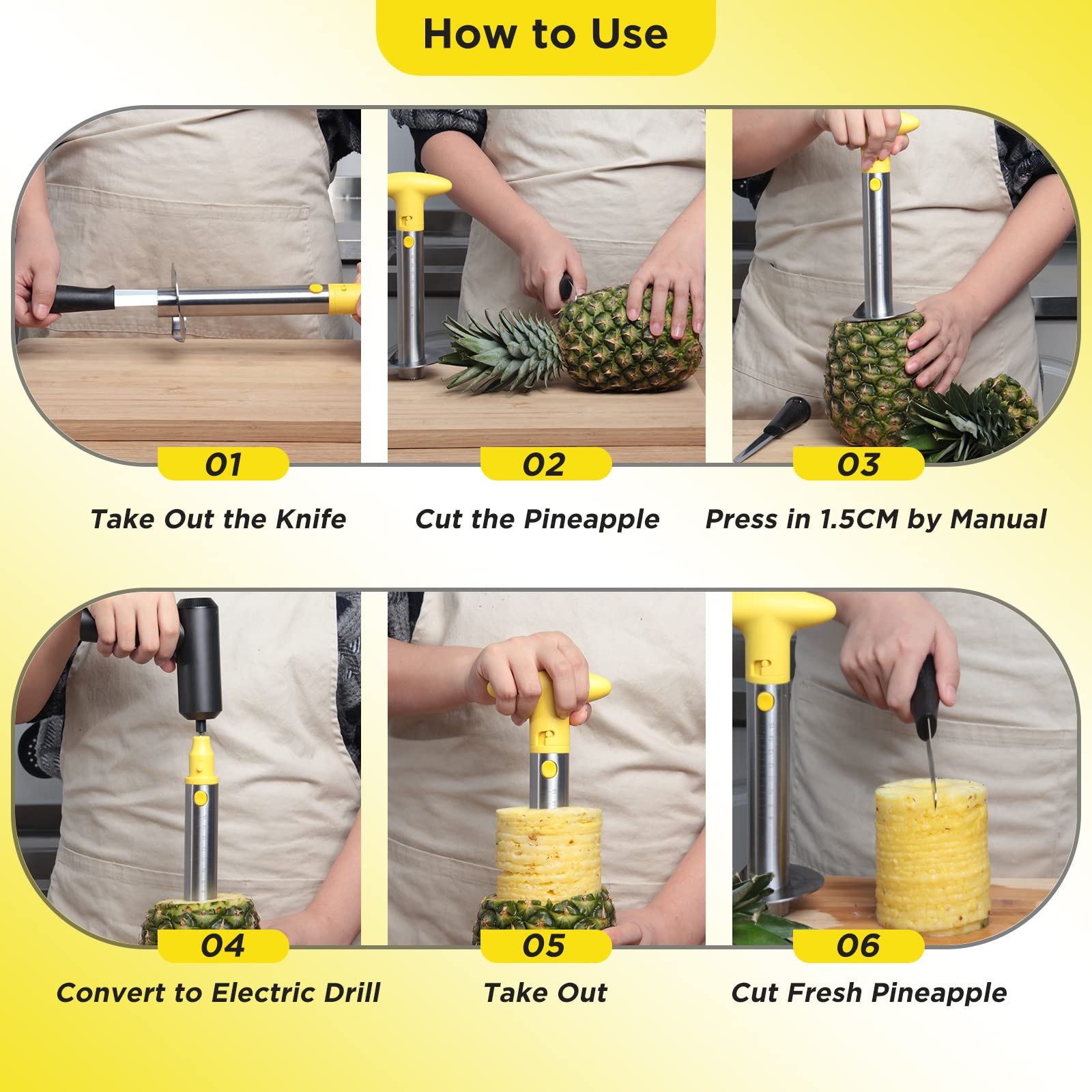 YYP Pineapple Cutter with Knife, [Upgraded, Electric & Manual] Durable Pineapple Corer with Electric Drill Accessory, Stainless Steel Fruit Peeler Knife Pineapple Slicer Core Remover Kitchen Tool