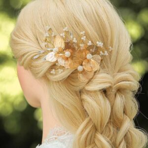 Catery Flower Bride Wedding Hair Vine Gold Floral Headband Pearl Bridal Headpiece Head Piece Hair Band Hair Accessories for Women and Girls