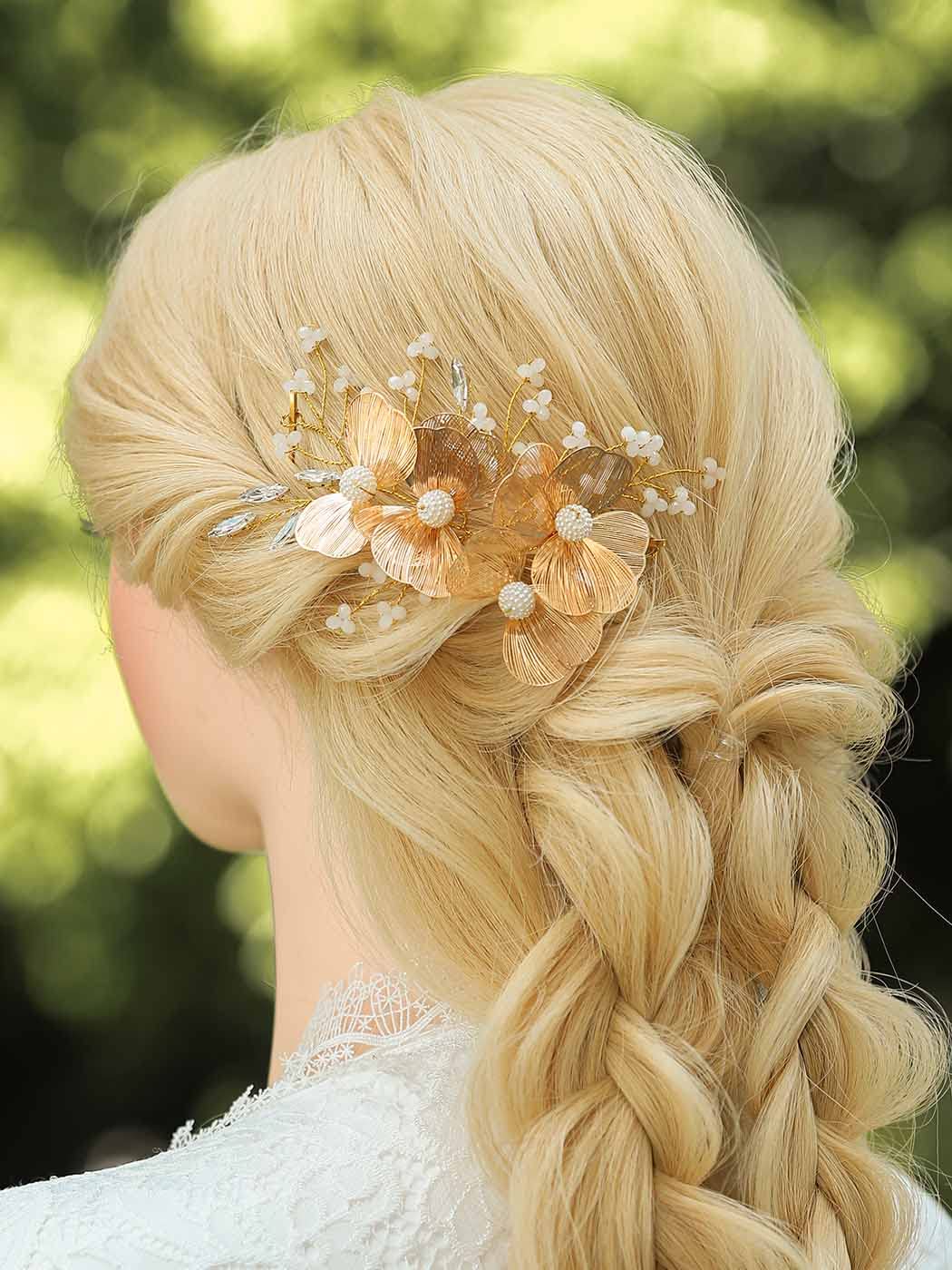 Catery Flower Bride Wedding Hair Vine Gold Floral Headband Pearl Bridal Headpiece Head Piece Hair Band Hair Accessories for Women and Girls