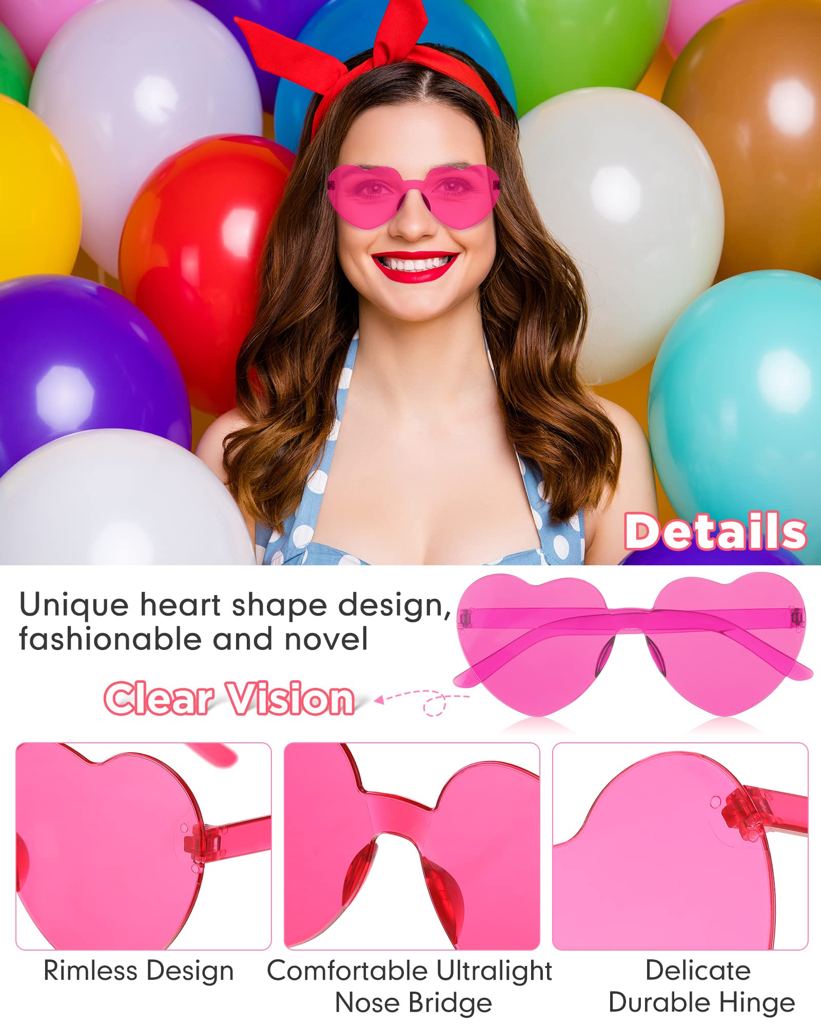 Yunsailing 30 Pcs Heart Shape Sunglasses Rimless Heart Glasses Bulk Colorful Glasses for Adults Trendy Glasses Women Eyewear (Bright Color)