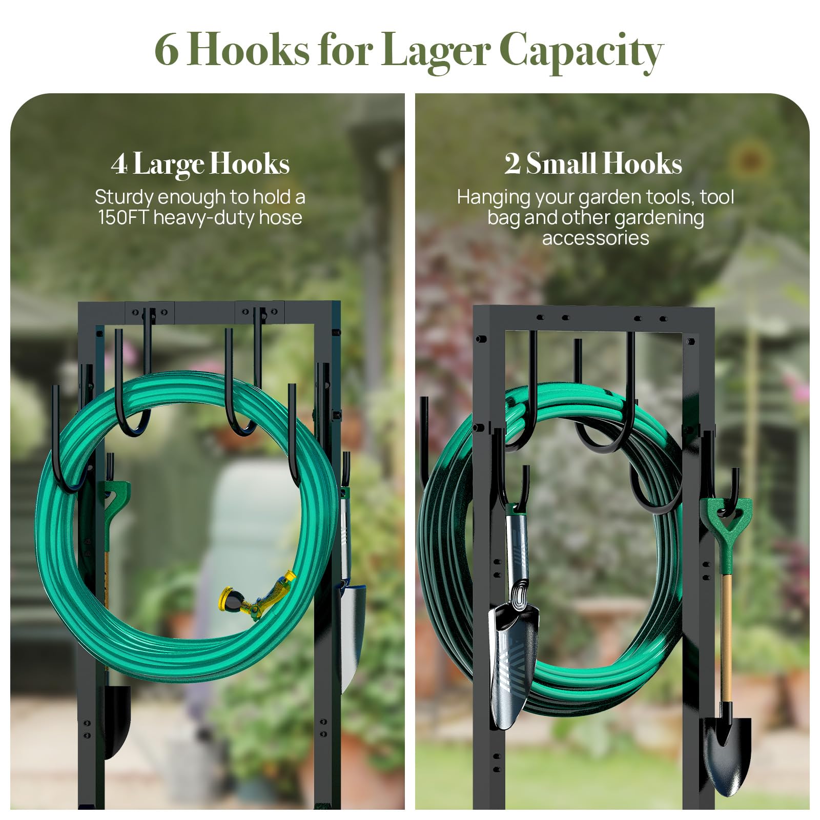 Winpull Garden Hose Holder Water Hose Holder with 4 Spikes, Freestanding Hose Hanger Outdoor Hold Stand Heavy Duty 6 Hooks Metal Garden Hose Storage Hose Reel Rack for Outside (Black)