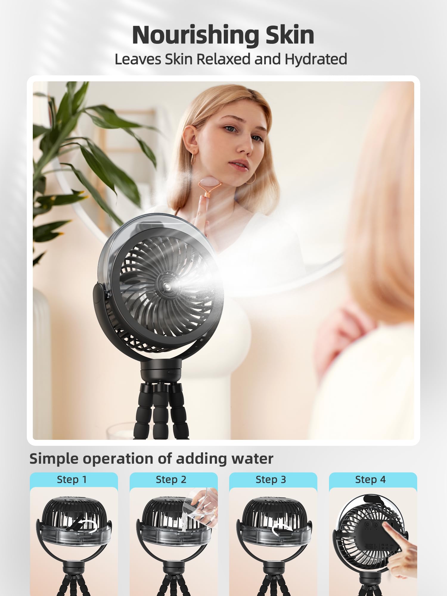 Misting Stroller Fan, 6000mAh Battery Operated Portable Fan with Light & 360° Pivoting, Personal Fan with Flexible Tripod for Baby, Office, Travel,Treadmill,Outdoors