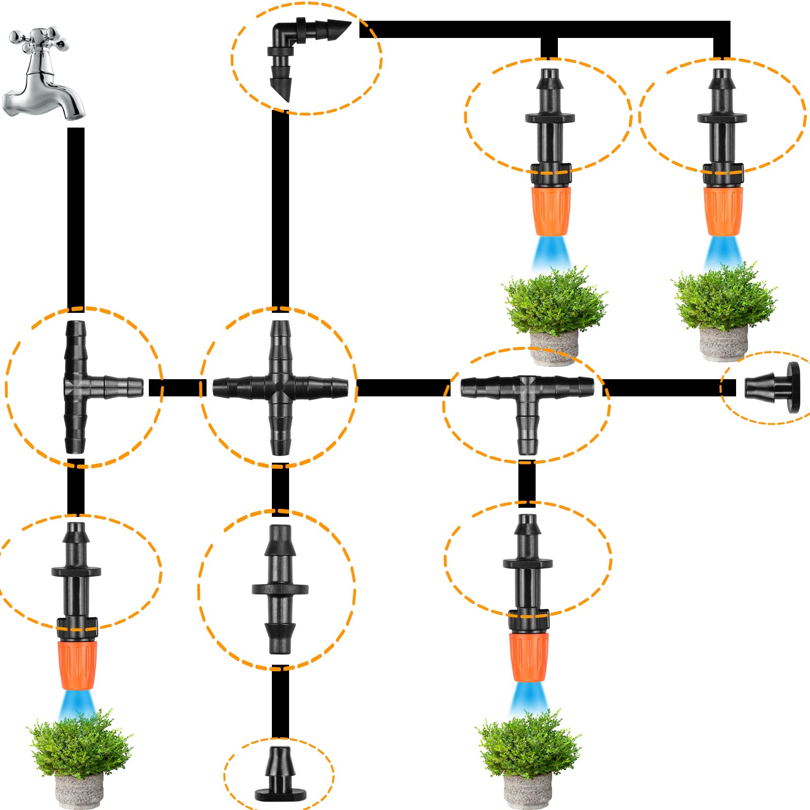 295 Pcs Drip Irrigation Fittings Kit for 1/4" Tubing - 110 Straight Barbs,35 Single Barbs,75 Tees,20 Elbows,30 End Plug,25 4-Way Coupling - Barbed Connectors Fittings for Sprinkler Systems