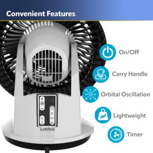 Lasko Whirlwind Orbital Motion Air Circulator Table Fan, 3 Speeds, Timer, Dark Mode, Remote Control for Small and Medium Sized Rooms, White, A12557