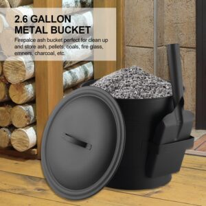 Fireplace Ash Bucket with Lid Shovel, Hand Broom and Gloves, 2.6 Gallon Charcoal Wood Fire Pits Burning Stoves, Coal/Large Pellet Metal Buckets/Hot Wood Carrier Pail Fire Pits Ash Can Cleaning Tools