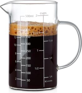 bcnmviku 500ml 2 cup glass measuring cup with handle, high borosilicate glass three scales (oz, cup, ml/cc for kitchen or restaurant easy to read