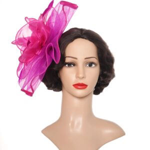 Fascinators Hat for Women Tea Party Fascinator 20s 50s Cocktail Church Wedding Headwear Large Ruffle Fascinator Hat (Fuchsia Red)