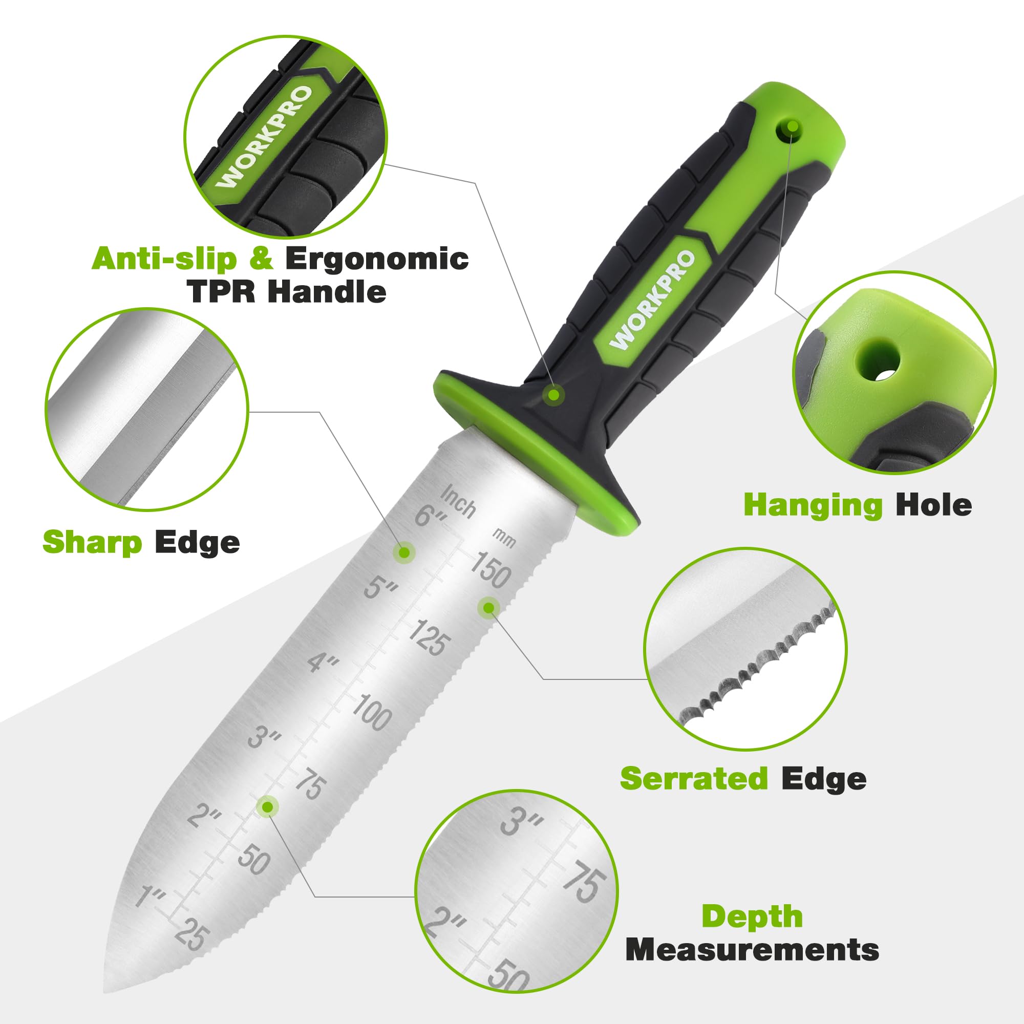 WORKPRO Hori Hori Garden Knife, 7" Stainless Steel Blade with Cutting Edge, Garden Tools with Oxford Sheath, Ergonomic TRP Handle with Hanging Hole for Weeding, Planting, Digging, Green