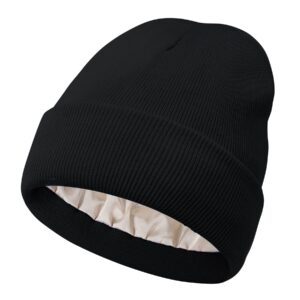 zando womens satin lined beanie for women warm beanies womens winter beanies for women knit hats for women unisex cuffed skull caps for men thick satin lined winter hats for women men black beanie hat