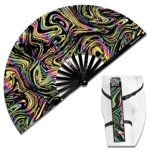 raveahem lridescent holographic large rave bamboo folding clack hand fan with holster for men/women handheld fan for edm,music festival,club,freaky,party,dance,performance,decoration,gift