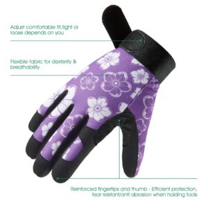 COOLJOB Small Gardening Gloves for Women, Thorn Proof Ladies Work Gloves for Rose Pruning, Cactus Handling, Blackberry Bush Planting, Puncture Resistant Anti-Slip Flexible, 1 Pair S Floral Purple