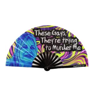 pandatak gay pride folding hand fans, funny large 13" bamboo fan with uv reactive ink, for lgbtq circuit parties edm festivals and raves (these gays they're trying to murder me)