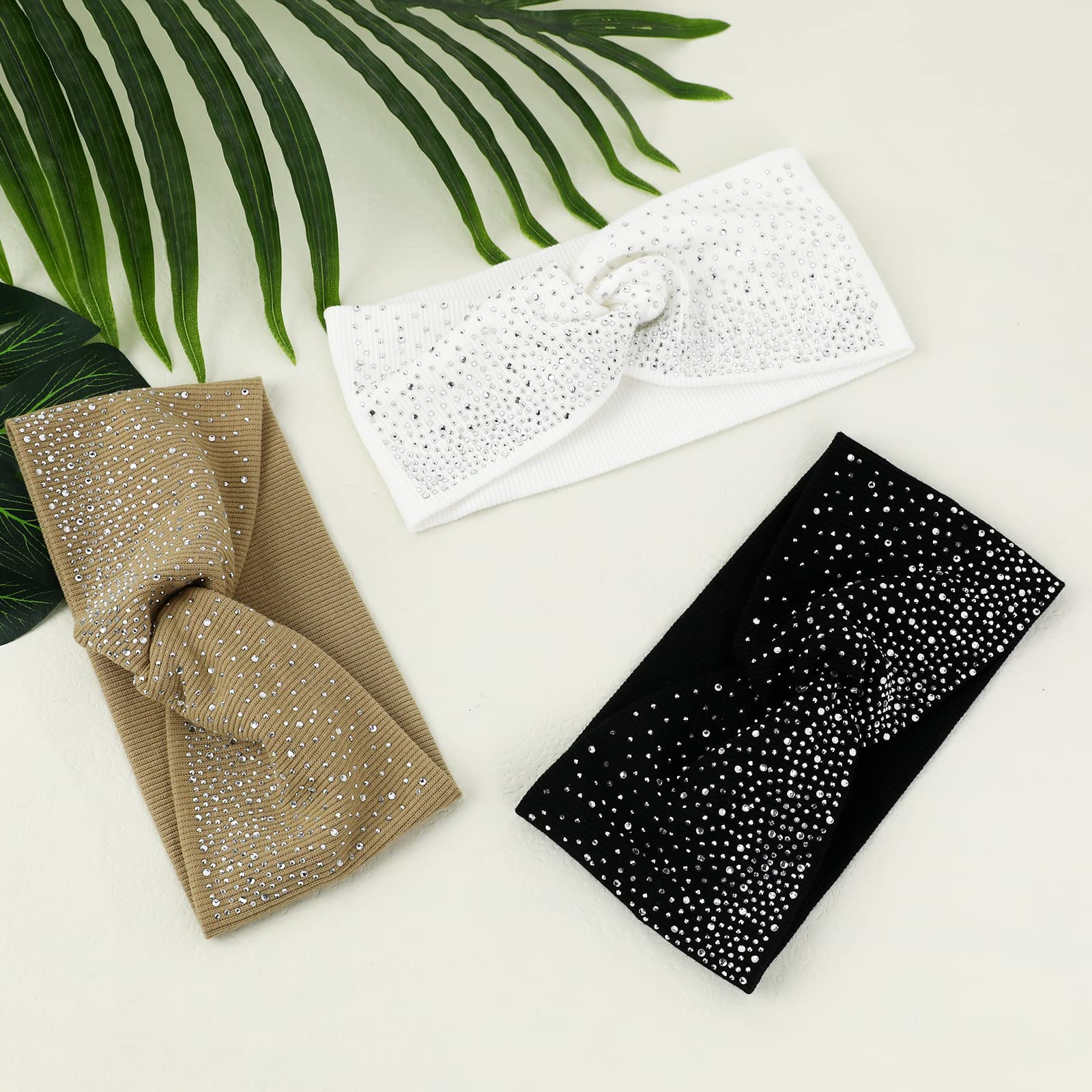 Sparkly Crystal Bling Fancy Headbands with Stretchy Elastic Head Wraps and Turban Scarf for Black Women - 3 Pcs