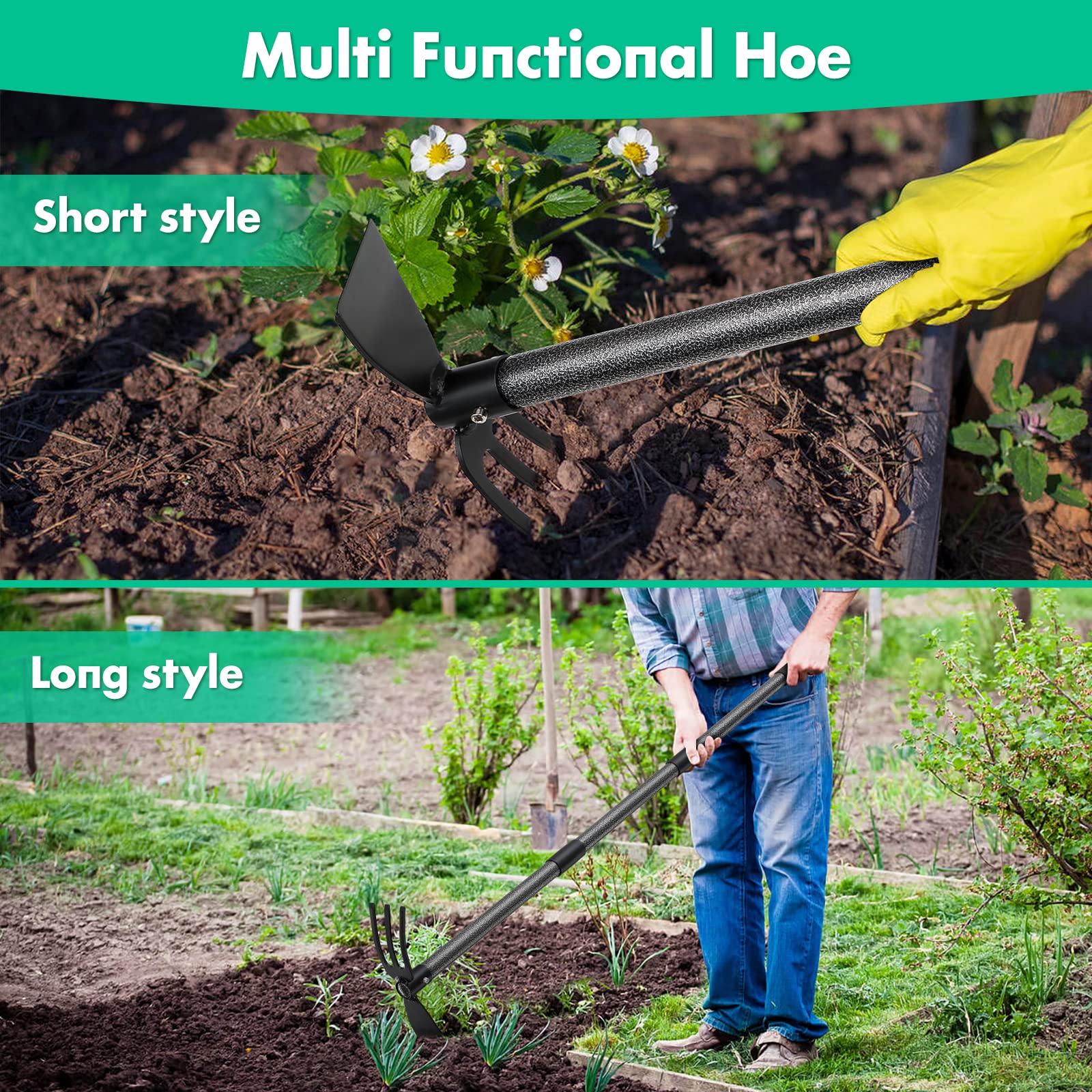 Hoe Garden Tool,45 Inch Long Garden Hoe and Cultivator, Garden Hand Tiller with Long Handle,Heavy Duty Garden Tools Hoe Cultivator for Gardening,Weeding, Tilling,Lossening Soil,Planting