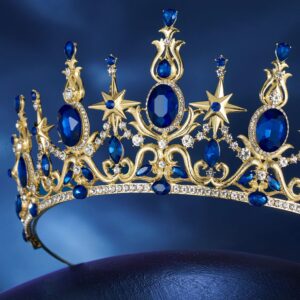 SWEETV Couple Crowns for Women & Men,Crystal Queen Tiara King Crown Set,2-Pack Gold Blue Medieval Hair Accessories for Prom Wedding Photo Shoot Birthday