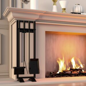 Fire Beauty Fireplace Tools Set 5 Pieces Fireside Accessories Fire Kit Stand Woodstove Tools Holder Wrought Iron Handle Indoor Fireset Stand