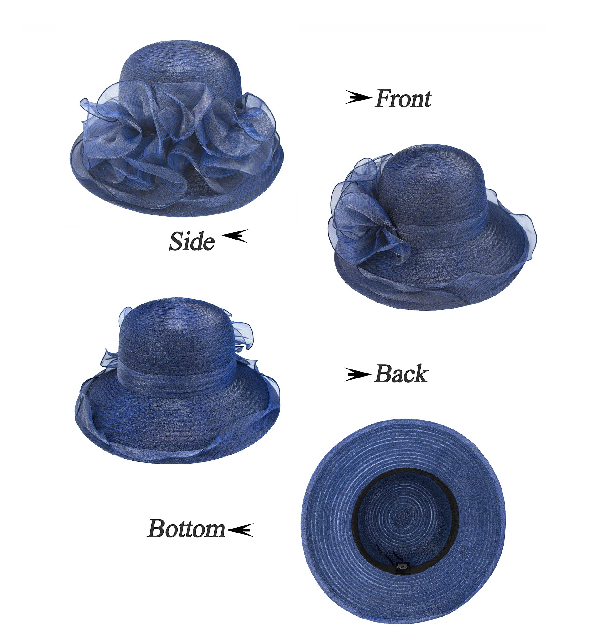 Wide-Brim-Kentucky-Hat Sun-Hat for Womens Foldable UV-Protection Summer-Derby-Tea-Party-Fascinator-Hats(M/L) Navy