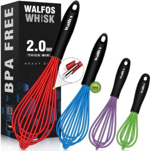 walfos whisk, silicone whisk heat resistant (480°f) kitchen whisks set of 4- professional whisks for cooking non scratch, balloon egg wisk perfect for frothing, blending, beating