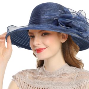 Wide-Brim-Kentucky-Hat Sun-Hat for Womens Foldable UV-Protection Summer-Derby-Tea-Party-Fascinator-Hats(M/L) Navy