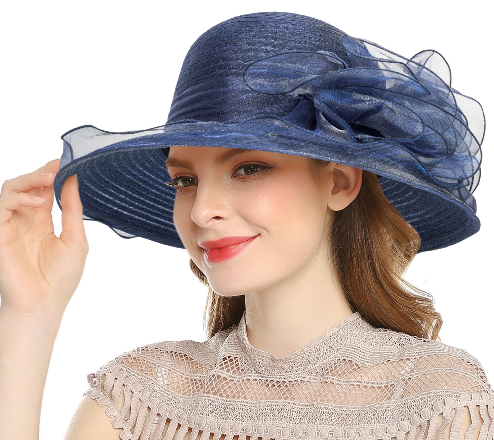 Wide-Brim-Kentucky-Hat Sun-Hat for Womens Foldable UV-Protection Summer-Derby-Tea-Party-Fascinator-Hats(M/L) Navy