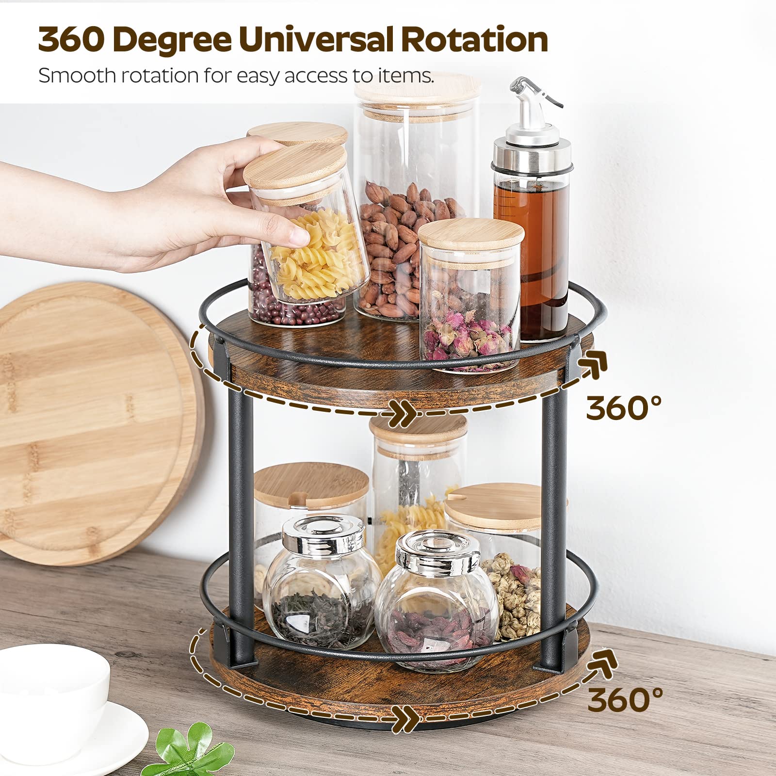 YATINEY Lazy Susan Organizer, Rotating Spice Rack, 2 Tier Spice Turntable Organizer, Industrial Turntable Spice Holder, for Kitchen Countertop and Cabinet, Compact and Versatile, Rustic Brown SR22BR