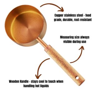 Copper Stainless Steel Measuring Cups and Spoons Set of 8, Wooden Handle with US Measurements, Metric Cups and Spoons for cooking and baking